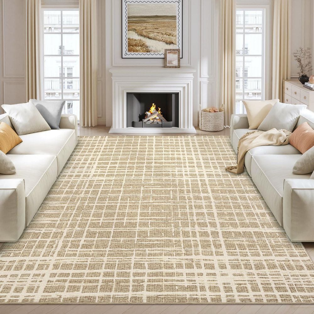 Camel 8 ft. x 10 ft. Anti-Slip Grid Print Rug Modern Machine Washable ...