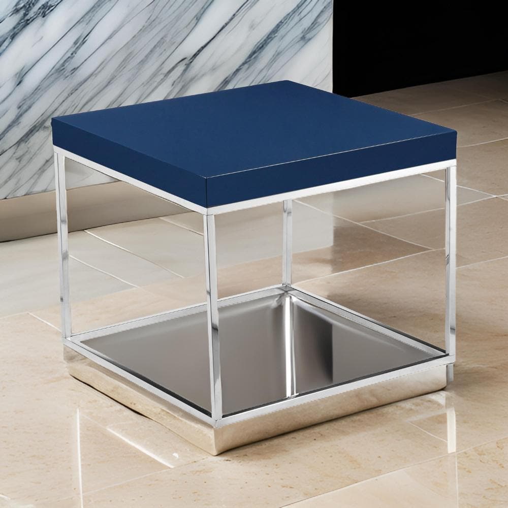 Benjara 24 in. Blue and Chrome Square Wood End Table with Metal Frame ...