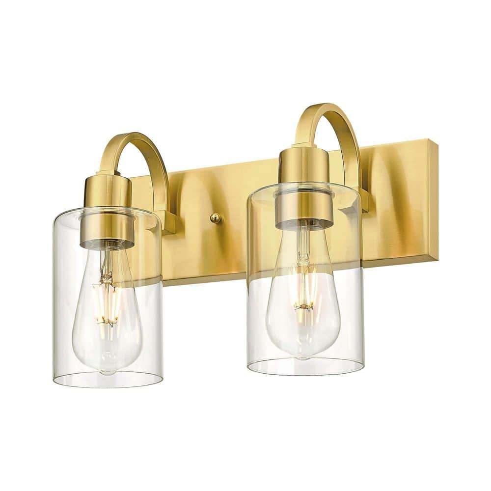 JAZAVA 13.6 in. 2-Light Brushed Gold Vanity Light with Clear Glass ...