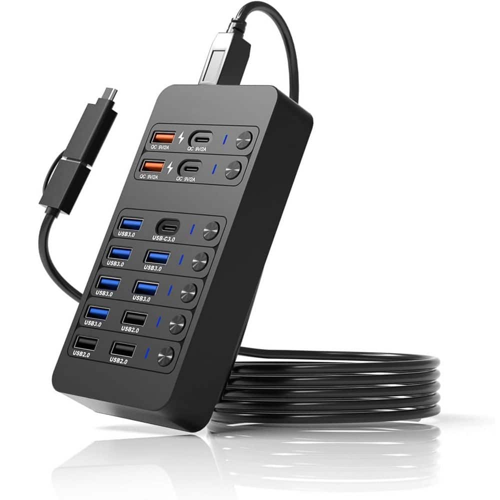 OBJLGEV 14 Port Powered USB Hub Splitter with 6 USB 4 Charging Ports 1 USB-C 3.0 Data Port 60W ...