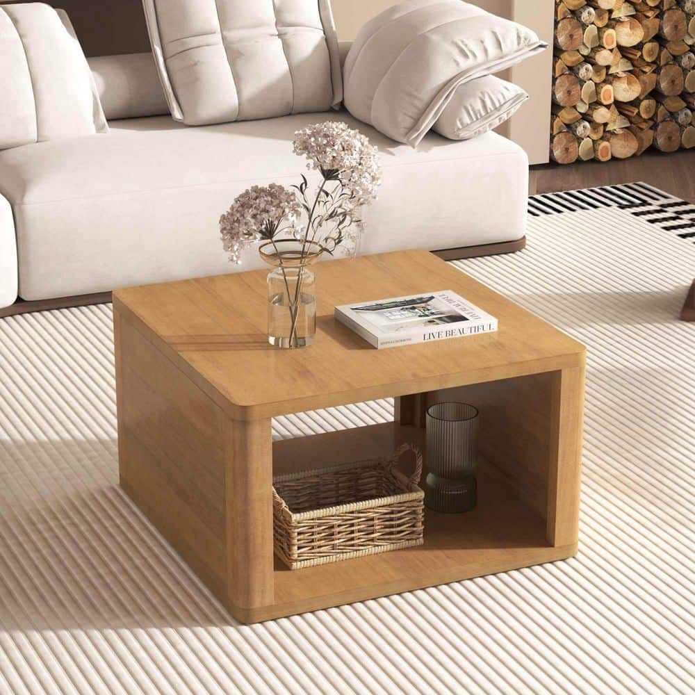 Polibi 30.8 in. Natural Square MDF Coffee Table with Storage and ...