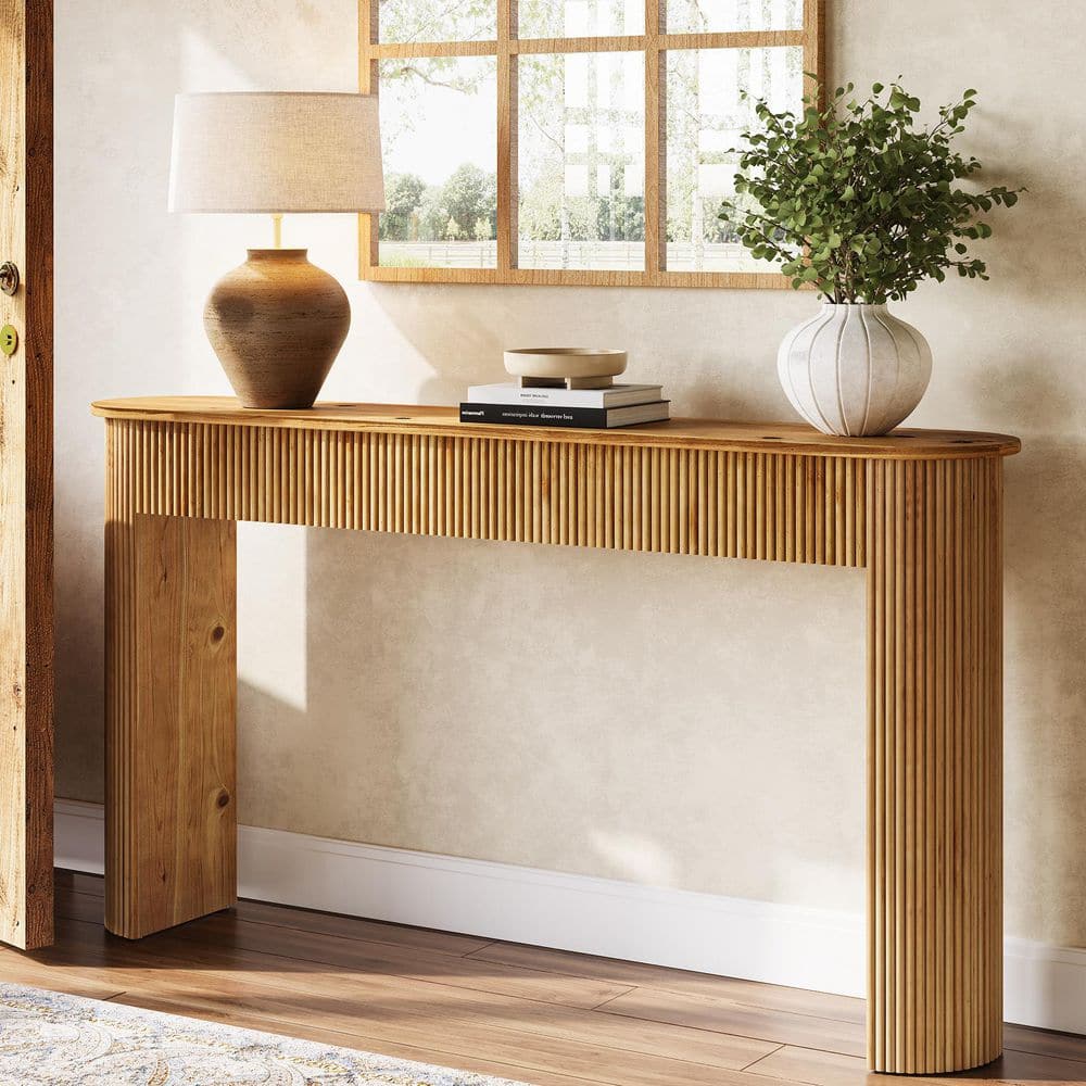 BYBLIGHT Turrella 63 in. Oak Rectangle Solid Wood Console Table with ...