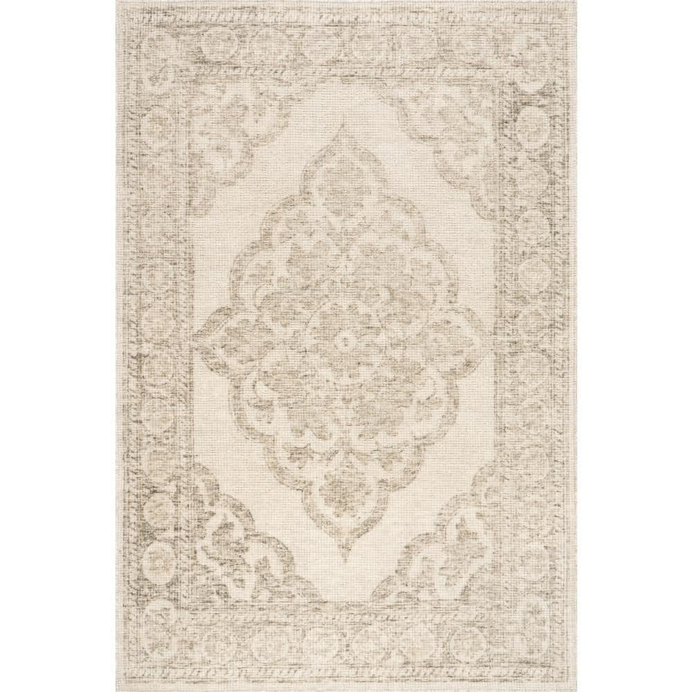 RUGS USA Istanbul Hand-Tufted Ornate Border Wool-Blend Beige 5 ft. x 8 ...