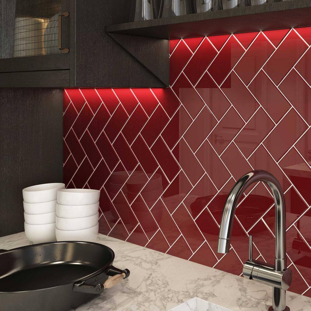 Giorbello Ruby Red 4 in. x 12 in. x 8mm Glass Subway Tile (5 sq. ft ...