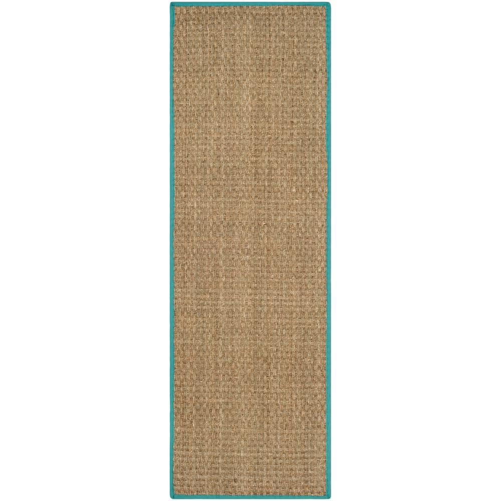 SAFAVIEH Natural Fiber Natural/Teal 3 ft. x 10 ft. Border Woven Runner ...