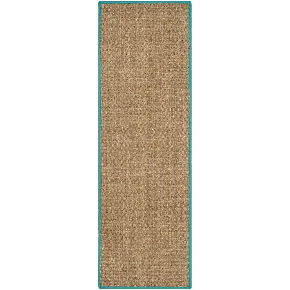 SAFAVIEH Natural Fiber 3 ft. x 6 ft. Natural/Teal Border Woven Runner ...