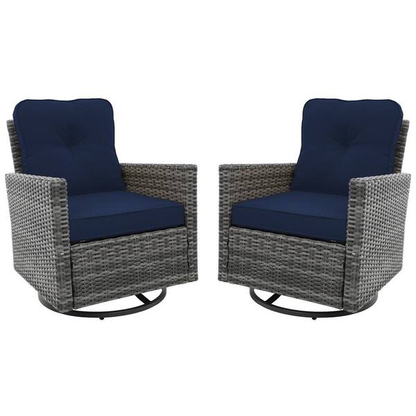 UPHA 2-Peice Gray Wicker Outdoor Rocking Chair Swivel Chair with Navy ...