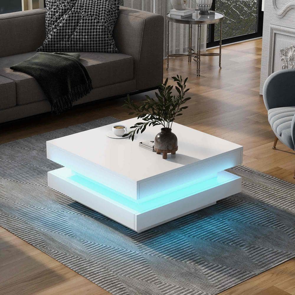 Polibi 31.5 in. White Square Wood Coffee Table with LED Lights RS-43316 ...