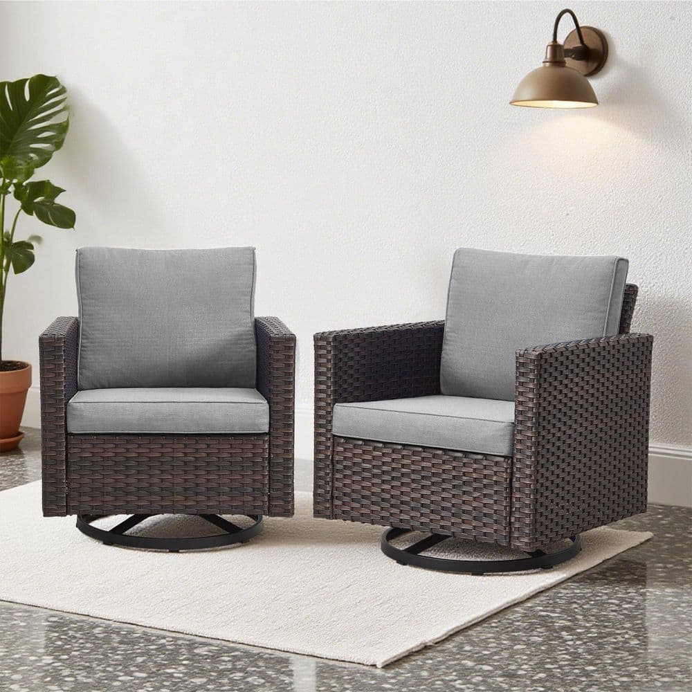 Brown Swivel Wicker Outdoor Lounge Chair with Gray Cushions (2-Pack ...