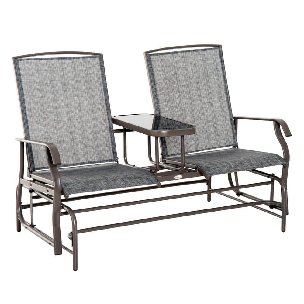 Metal Gray Outdoor Loveseat, Patio Glider Bench with Center Table and ...