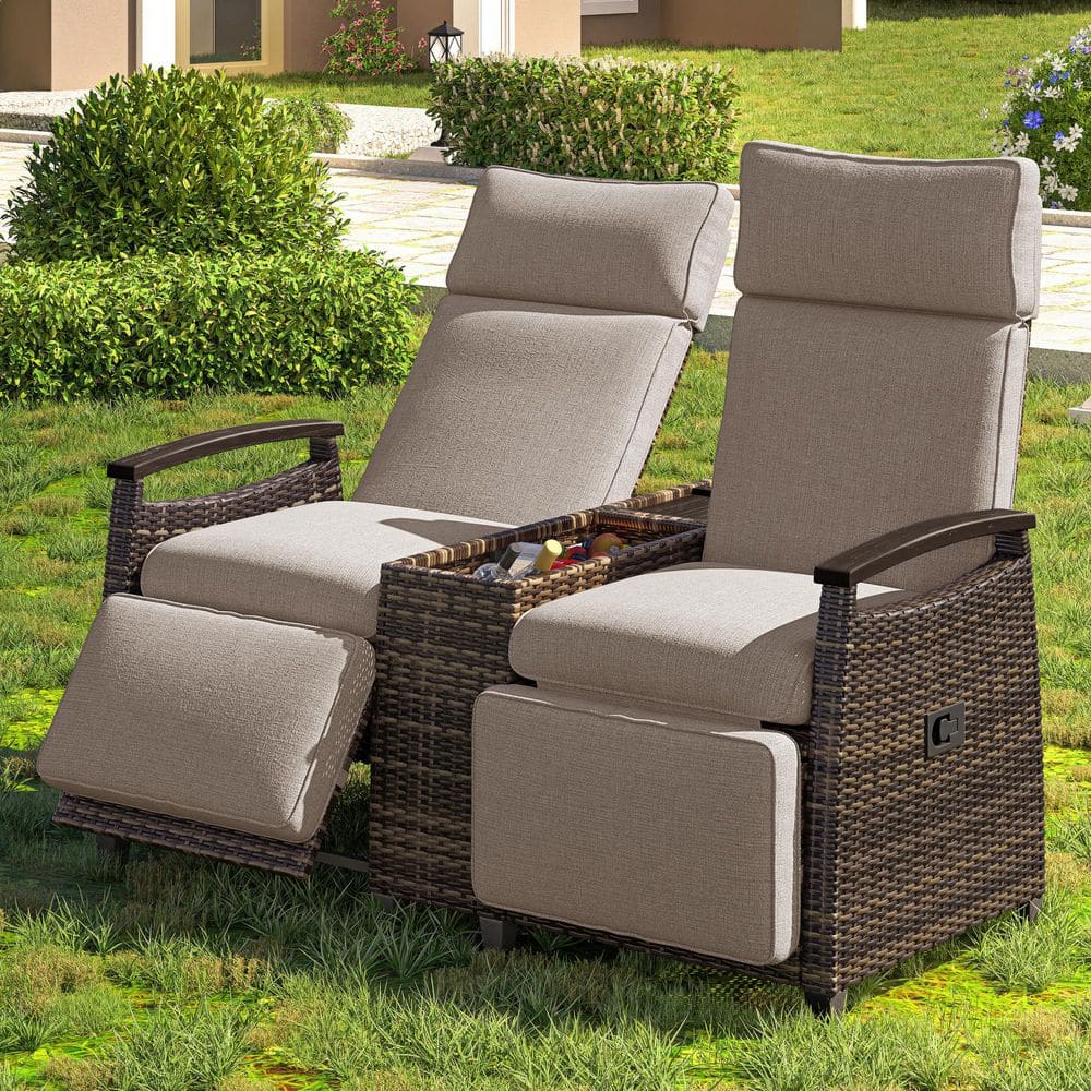 Sudzendf Wicker Patio Recliner Outdoor Loveseat Chair with Brown ...