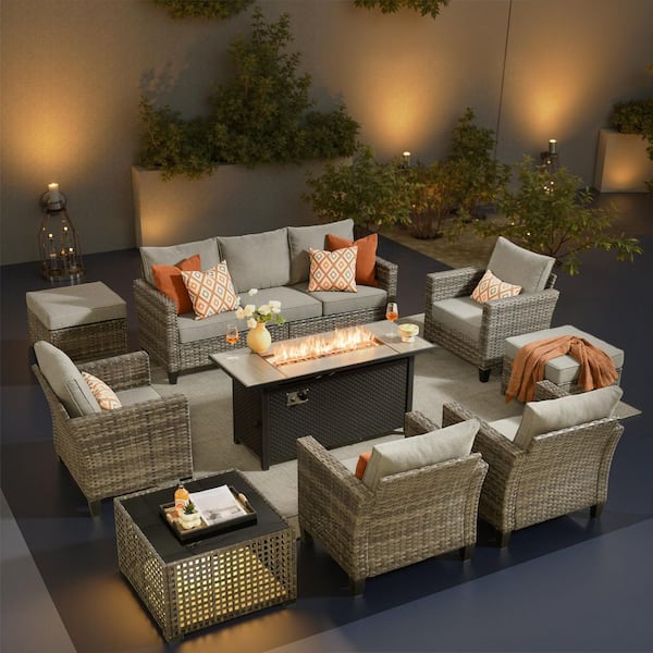 XIZZI Ironclad 9 Pieces Wicker Outdoor Patio Rectangular Fire Pit Set ...