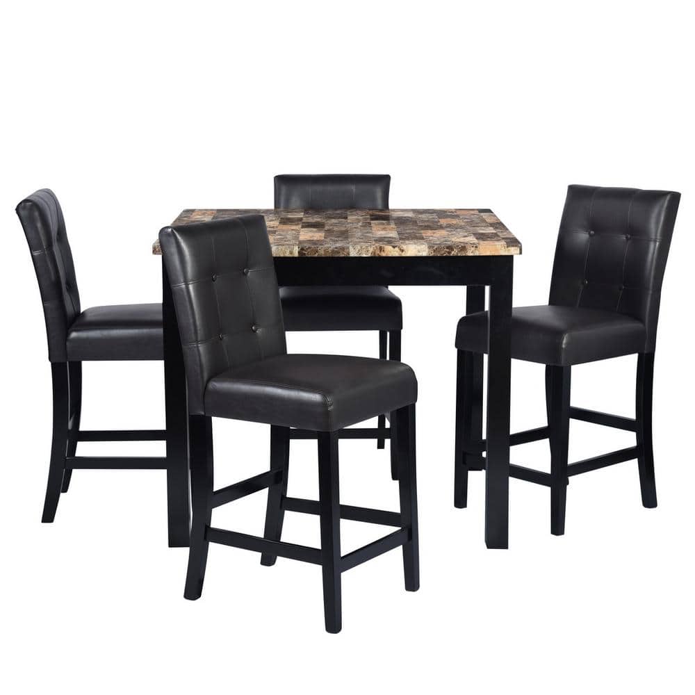 Homy Casa 5-Piece Square Faux Marble Top Black Counter Height Dining ...