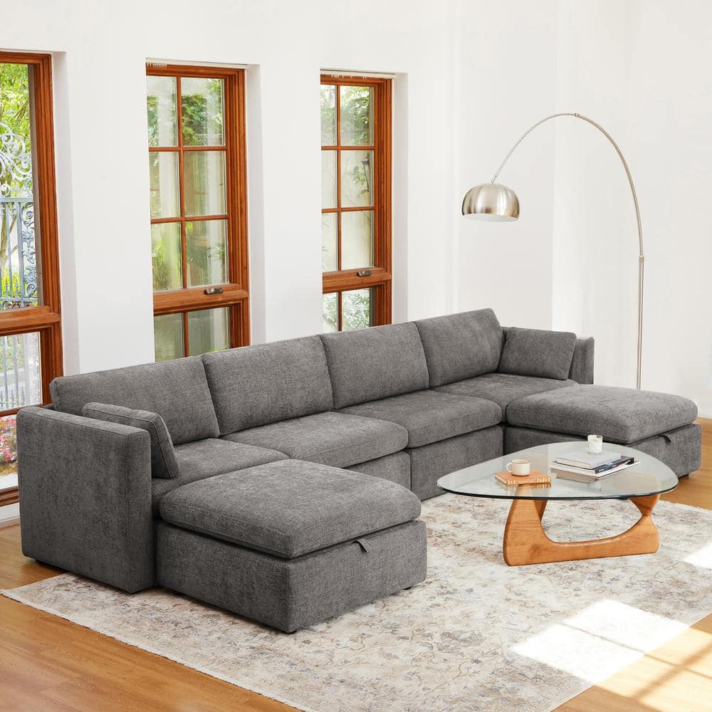 Spruce & Spring Rhea Straight Arm 6-Piece Fabric Modular Sectional in Fossil Gray SS8012 ...