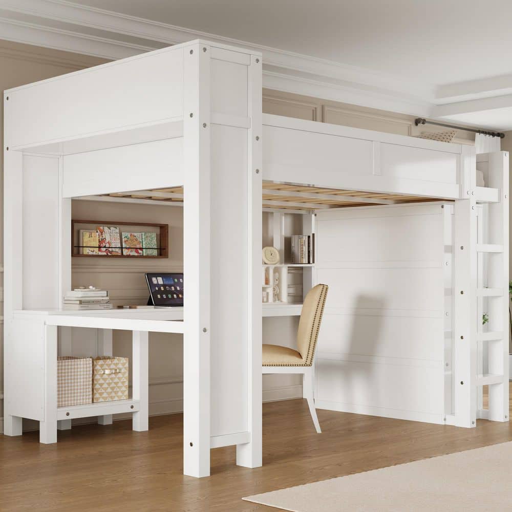 Noble House Megan White Queen Size Loft Bed with Wardrobe, Desk ...
