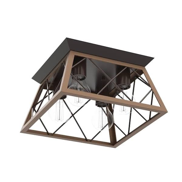 12 in. 4-Light Brown Industrial Semi Flush Mount Ceiling Light with No ...