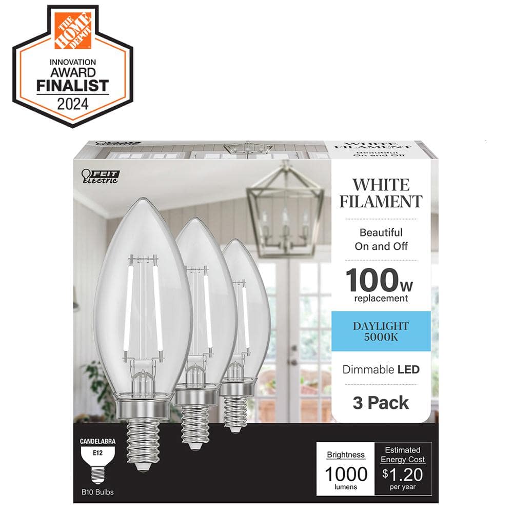 Feit Electric 100-Watt Equivalent B10 E12 Candelabra Dim White Filament Clear Glass Chandelier ...