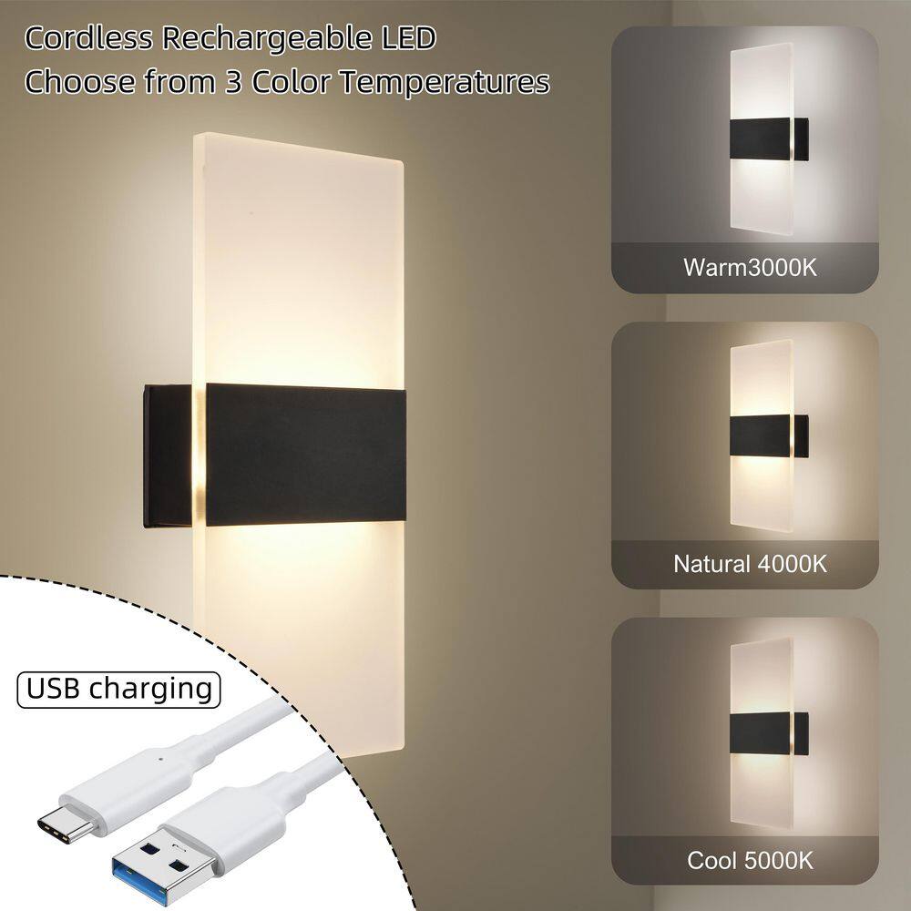 Alsy Twin Pack 9 in. 1 Light Black LED Rechargeable Sconce Light with ...