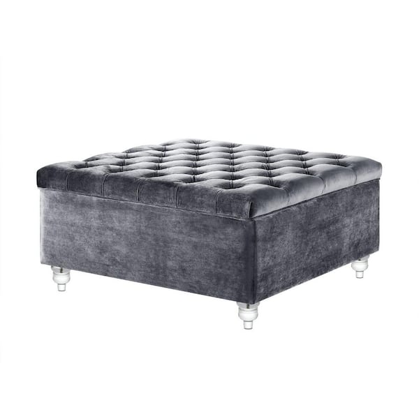 HomeRoots Grey Velvet Square Storage Ottoman 36.2L x 36.2W x 18.1H ...