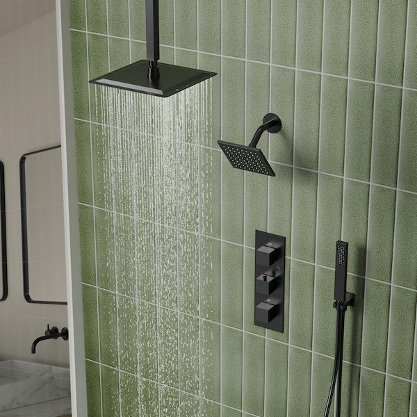 EVERSTEIN Luxury 3-Spray Patterns Thermostatic 12 in. Ceiling Mount Rainfall Shower Faucet and ...
