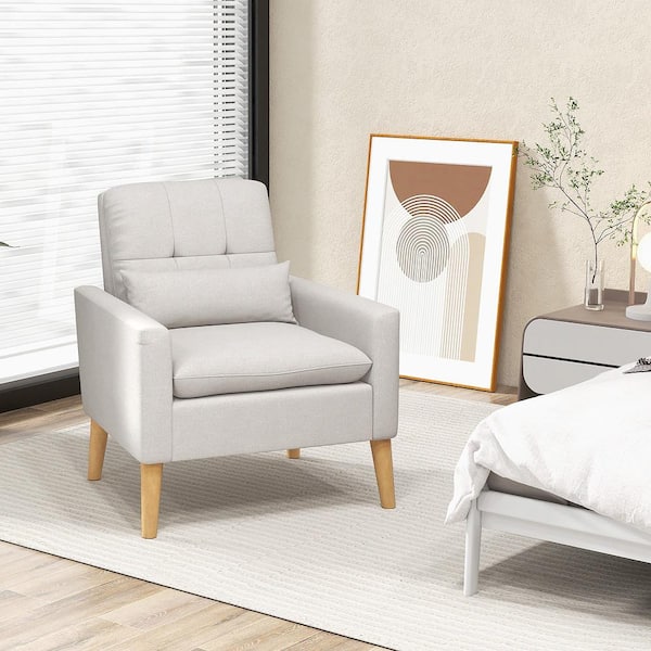 Gymax Mid-century Modern Accent Chair Linen Fabric Reading Armchair w/ Lumbar Pillow Beige ...