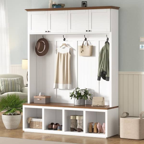 Noble House Qyro Farmhouse White MDF Wood Entryway Hall Tree with Bench ...