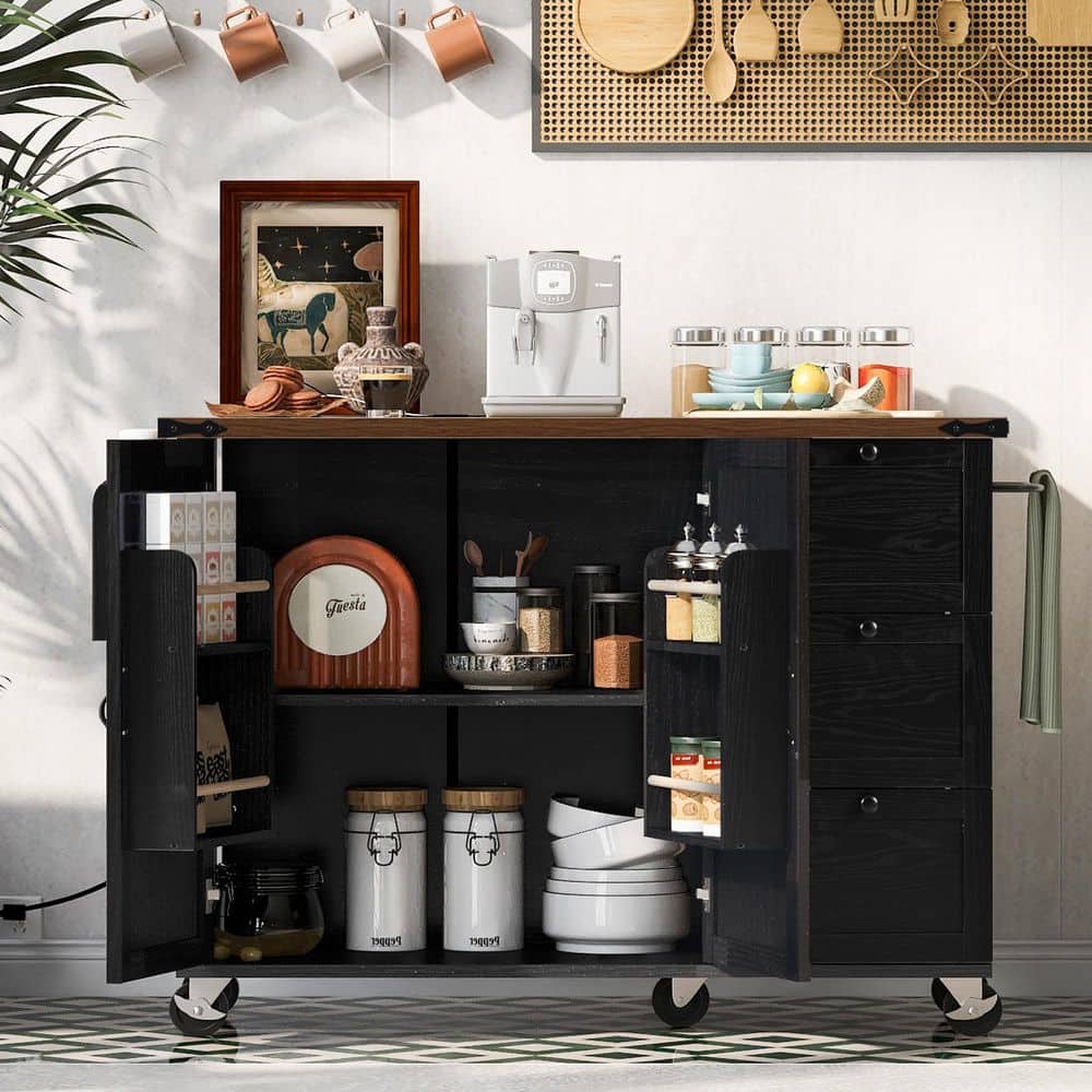 Dueyeeri Black MDF Kitchen Cart with Drop Leaf and Power Outlet ...