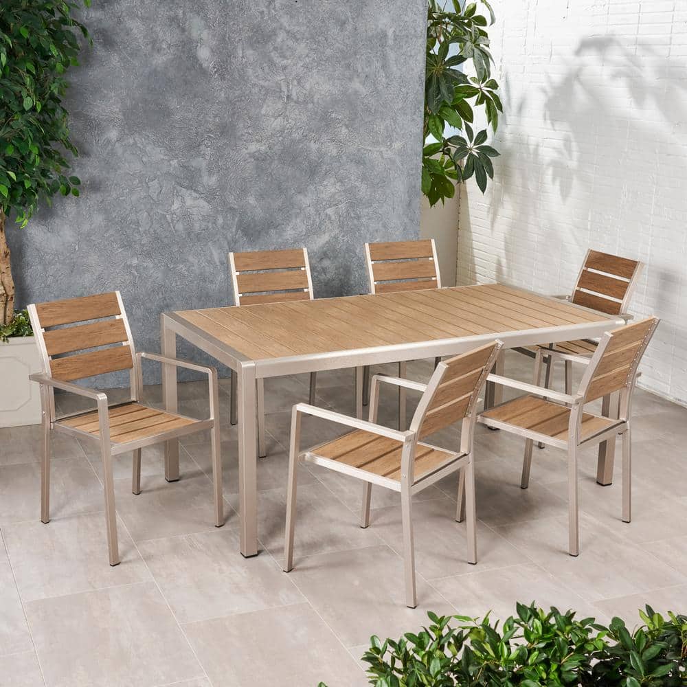 Noble House Cape 30.25 in. Silver 7-Piece Metal Rectangular Patio ...