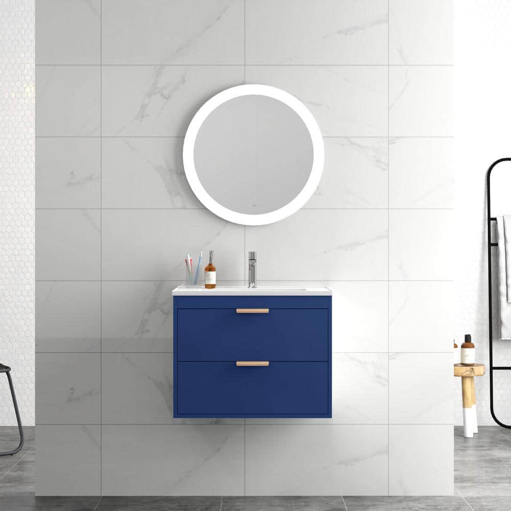 FORCLOVER 24 in. W Floating Wall Mounted Bath Vanity in Blue with White ...