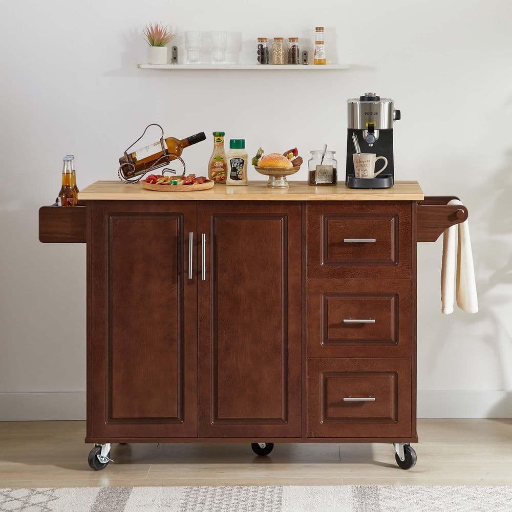 XUJMK Brown Wood 54 in. Kitchen Island with Drawers, Kitchen Island ...