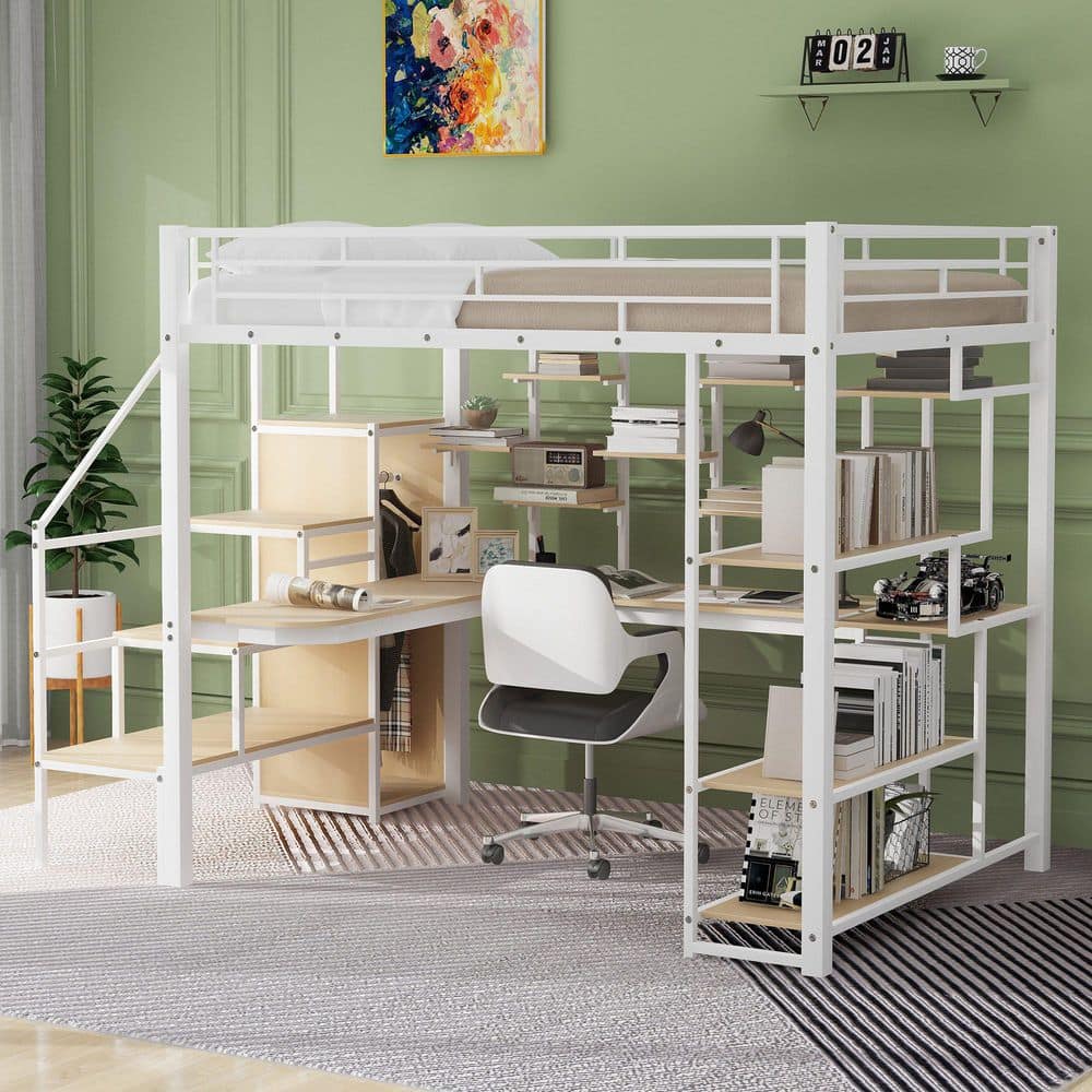 Polibi White Full Size Loft Bed with Storage Staircase and Small Wardrobe, Built-in Desk and ...