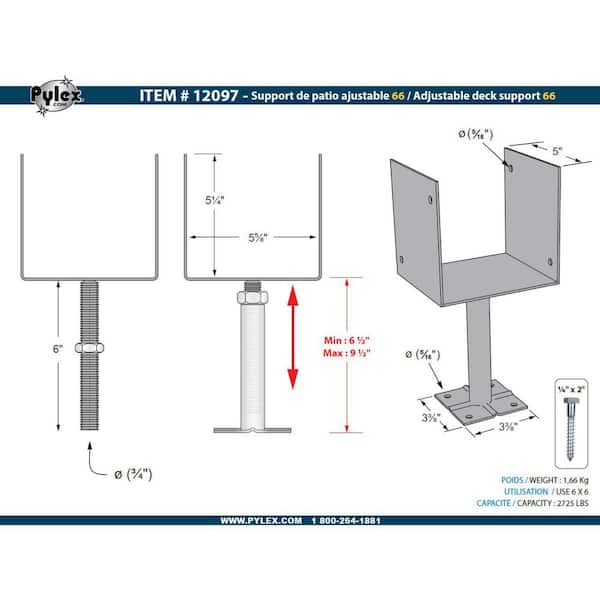 Pylex Adjustable Deck Support 6X6 (Pack of 2) 12097-2 - The Home Depot