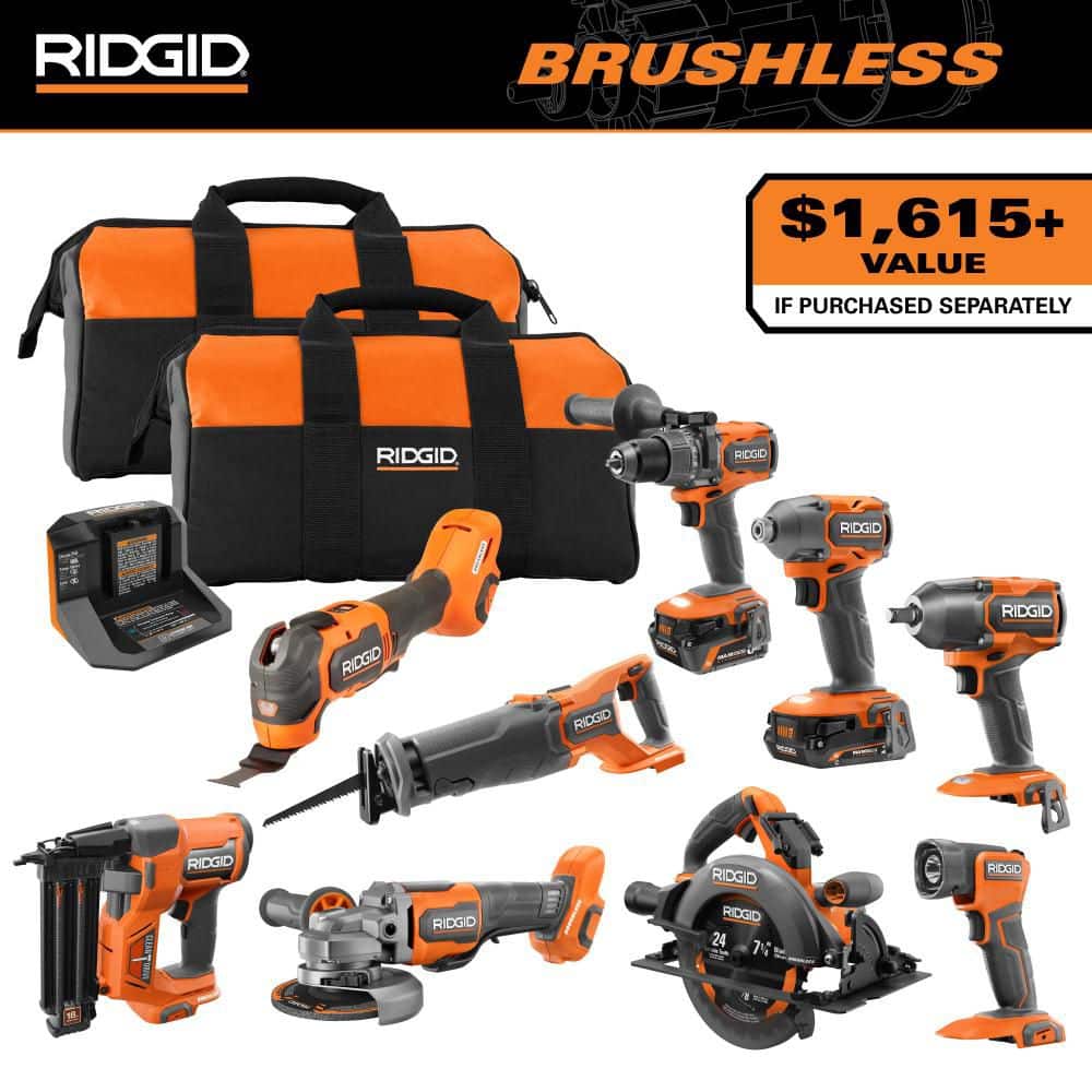 RIDGID 18V Brushless 9-Tool Combo Kit with 6.0 Ah and 2.0 Ah MAX Output ...