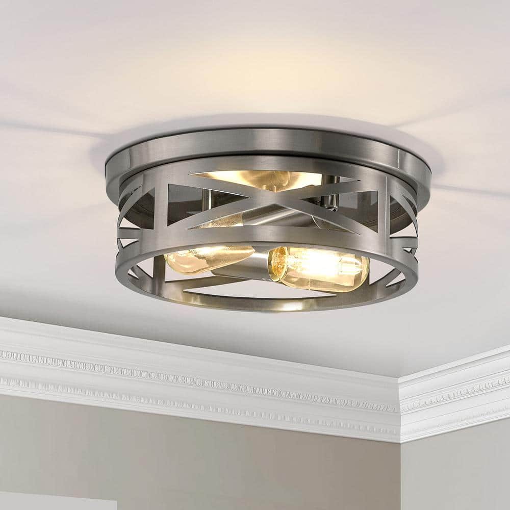 YANSUN 11 in. 2-Light Nickel Farmhouse Flush Mount with Drum Metal Cage ...