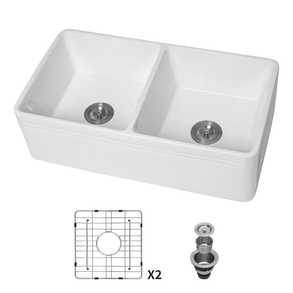 Tahanbath 33 in. Drop-In 50/50 Double Bowl No Gauge Applicable White ...
