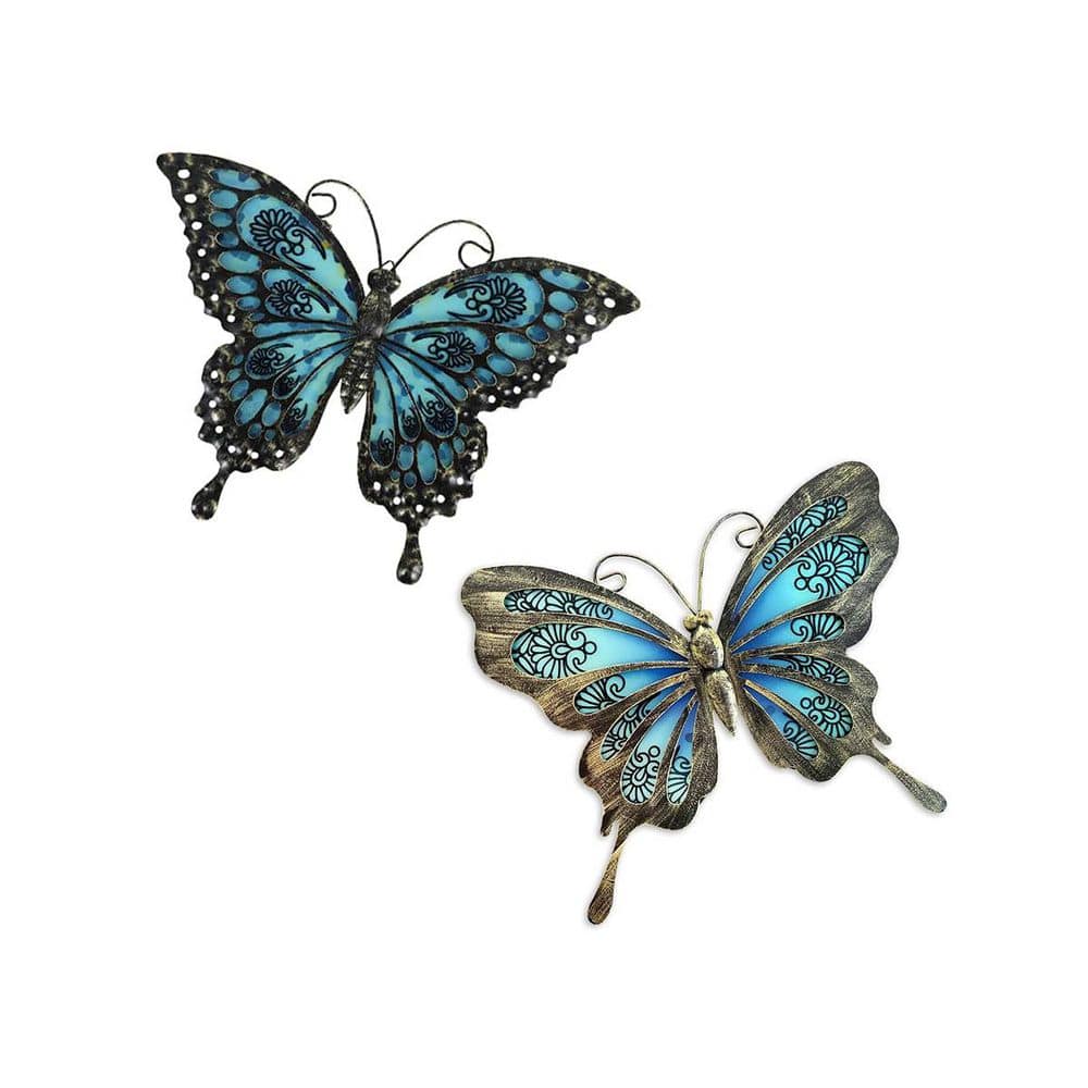 12 in. Metal Butterfly Wall Decor, Hanging Glass Butterfly Outdoor ...