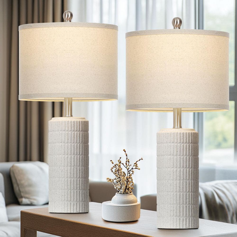 Cinkeda Graceful 24.5 in. Ceramic Milk-White Cylinder Table Lamp Set with Drum Shade and Rotary ...