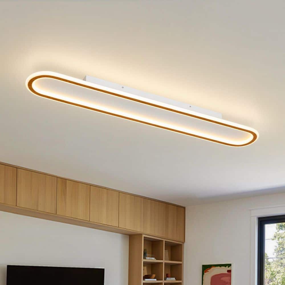 HUOKU Lumin 1-Light 39.4 in.W White and Wood-Look Integrated LED Flush ...