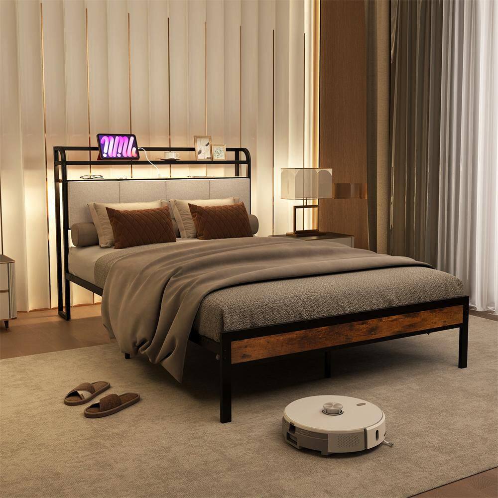 HONEY JOY Rustic Brown Bed Frame Full Size Platform Bed w/ Charging Station Metal Platform Bed w ...