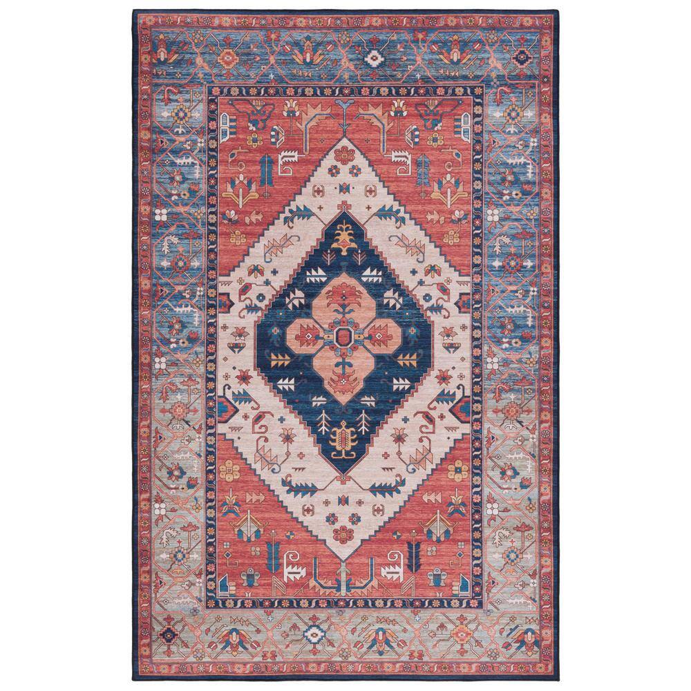 SAFAVIEH Tucson Rust/Blue 5 ft. x 7 ft. Machine Washable Ornate Border ...