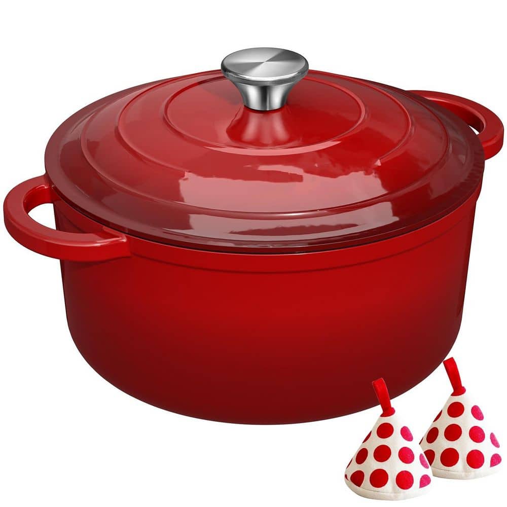 Wudkey 5 qt. Round Enameled Cast Iron Dutch Oven in Red with Lid and ...