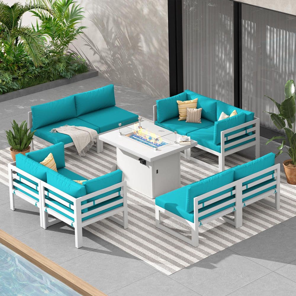 9-Piece Luxury White Aluminum Patio Conversation Fire Pit Set Sectional ...