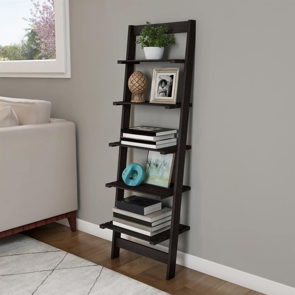 Lavish Home 50 in. Black Wooden 5-Shelf Leaning Ladder Bookcase with 5 ...