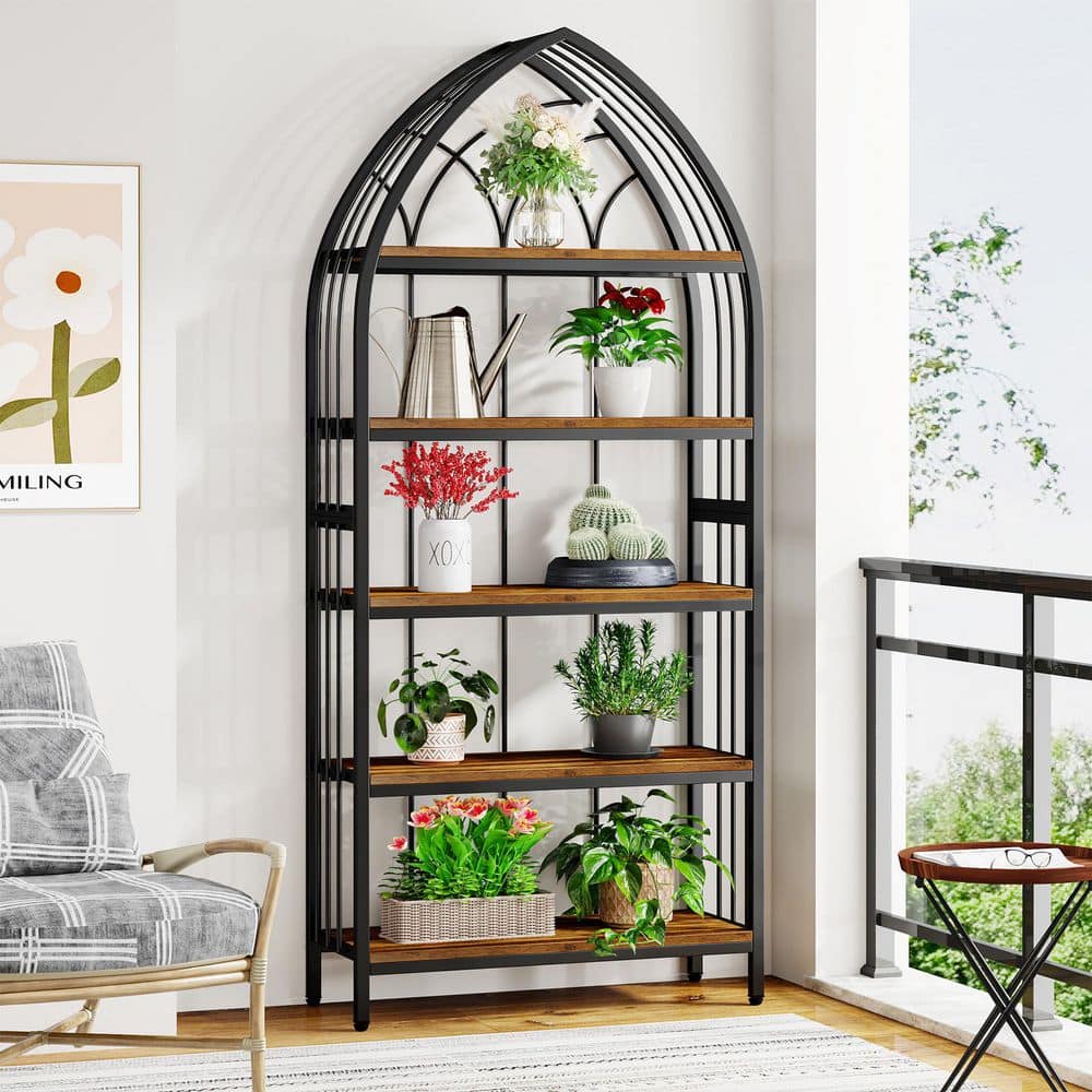 BYBLIGHT Wellston 74.8 in. Brown 5-Tier Wood and Metal Rectangle Plant ...
