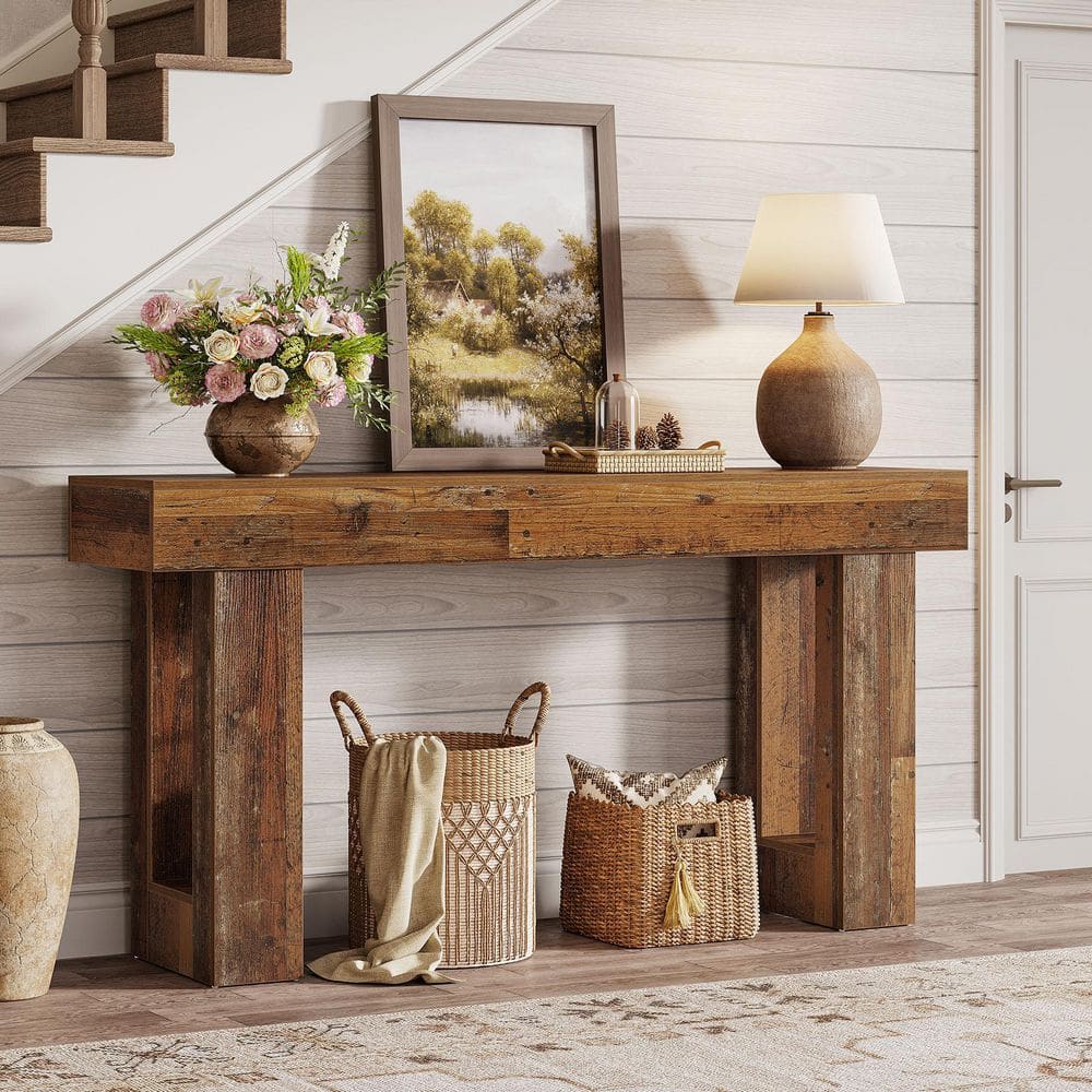 BYBLIGHT Turrella Rustic Charm 63in. Patchwork Brown Wood Grain Rectangle Wood Console Table ...