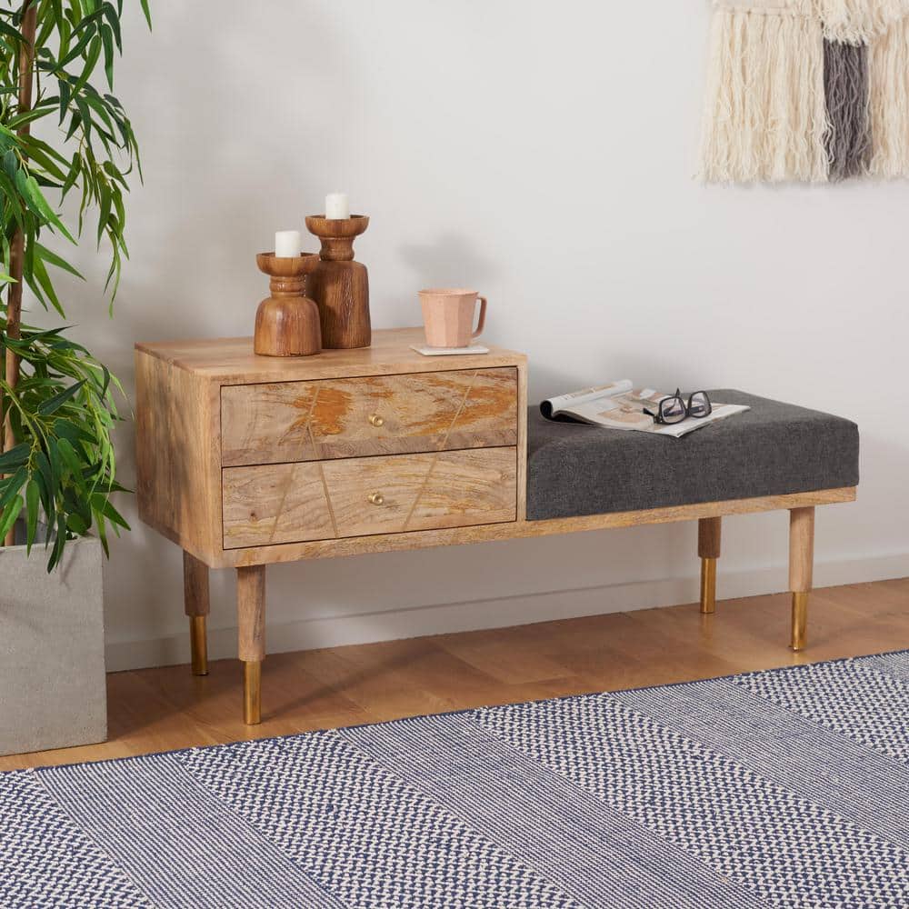 SAFAVIEH Taft Natural/Grey Fabric Entryway Bench With Cushion 43.3 in ...