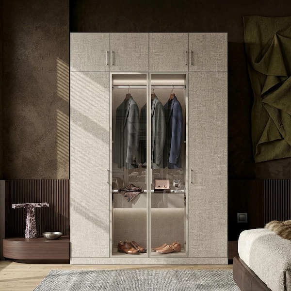 Homsee Gray Wood 63 in. Armoire with Glass Doors, LED Lighting, Hanging ...