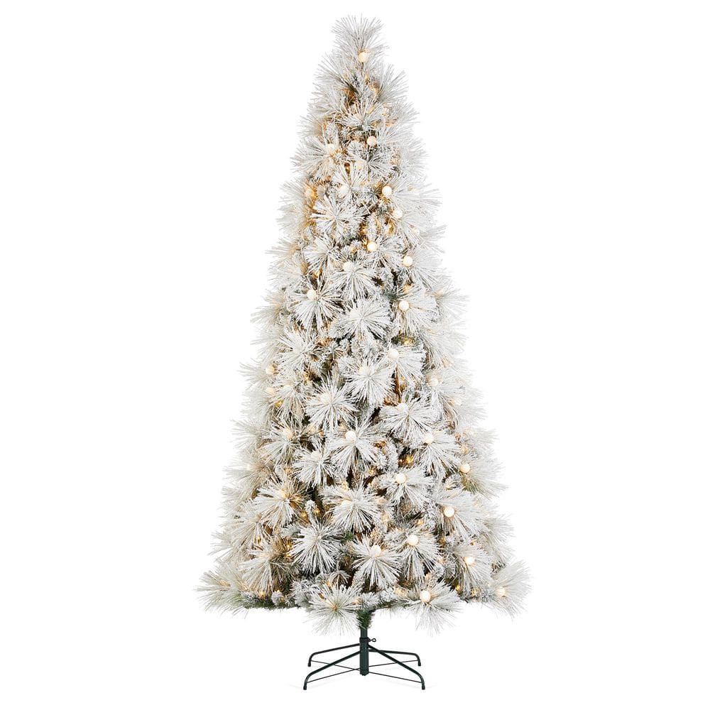 Glitzhome 9 ft. Pre-Lit Flocked Full Pine Artificial Christmas Tree with 800 G40 Warm White ...