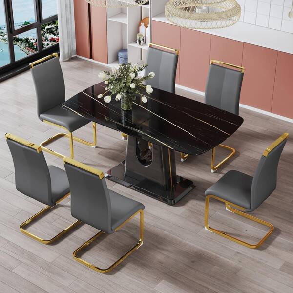 Polibi Modern Rectangle Black Faux Marble Pedestal Dining Table Seats for 6 62.99 in. L x 29.53 in. H RS 05212 4