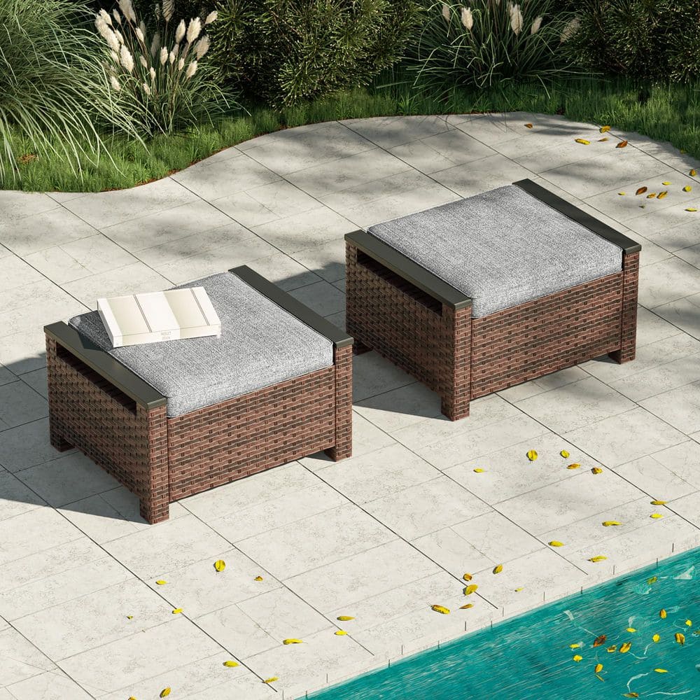 JOYESERY 2-Pieces Outdoor Ottoman PE Brown Wicker All-Weather Patio ...